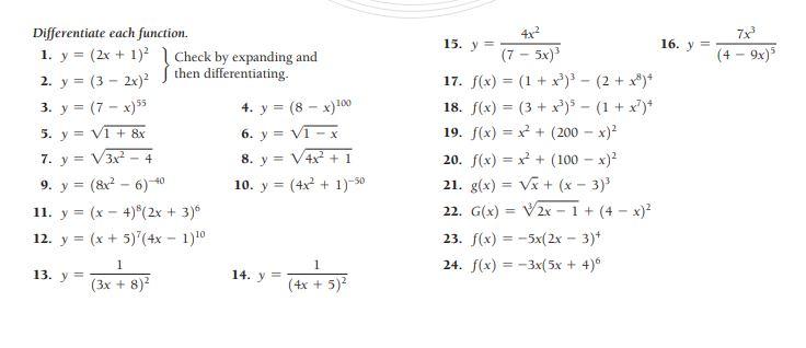 Solved 16. 7x (4 - 9x) Differentiate each function. 1. y = | Chegg.com