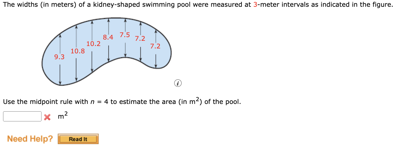 Solved The widths (in meters) of a kidney-shaped swimming | Chegg.com
