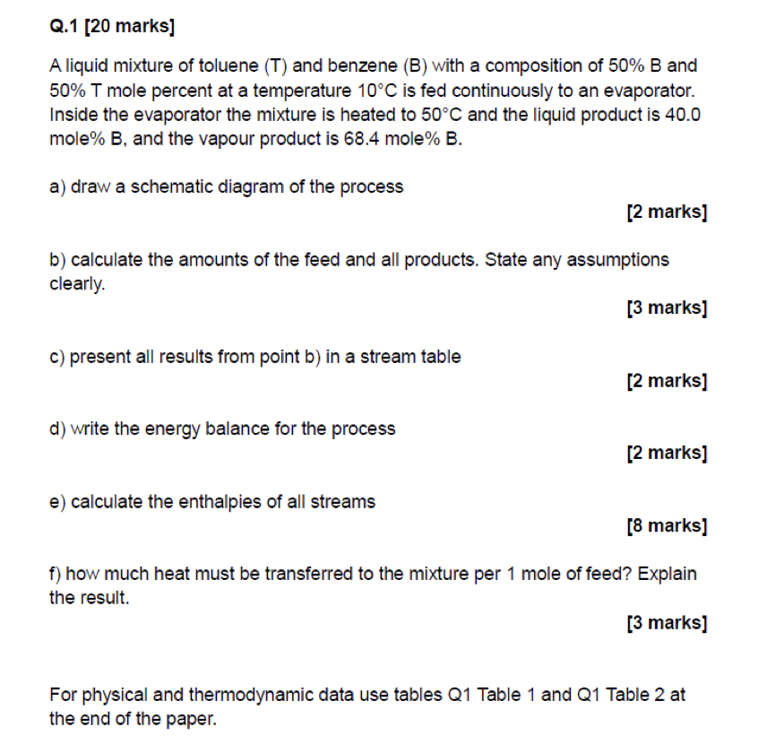 Solved Q.1 [20 marks] A liquid mixture of toluene (T) and | Chegg.com