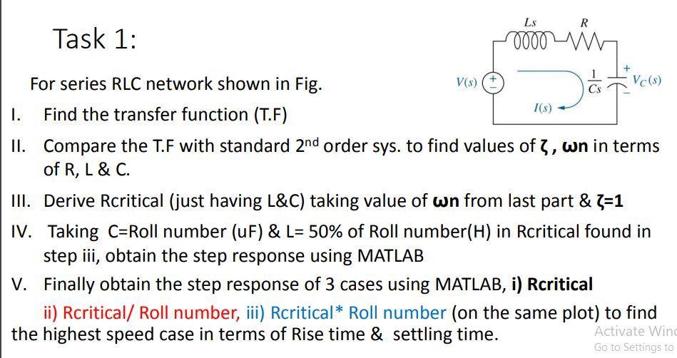 Solved Task 1: For series RLC network shown in Fig. I. Find | Chegg.com