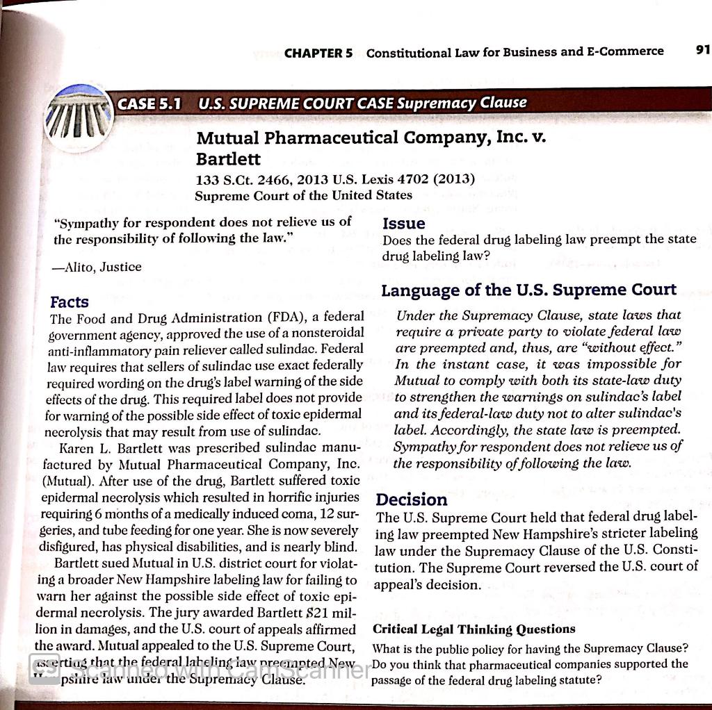 Solved v Pharmaceutical Co. Inc. v. Bartlett, Case 5.1 | Chegg.com