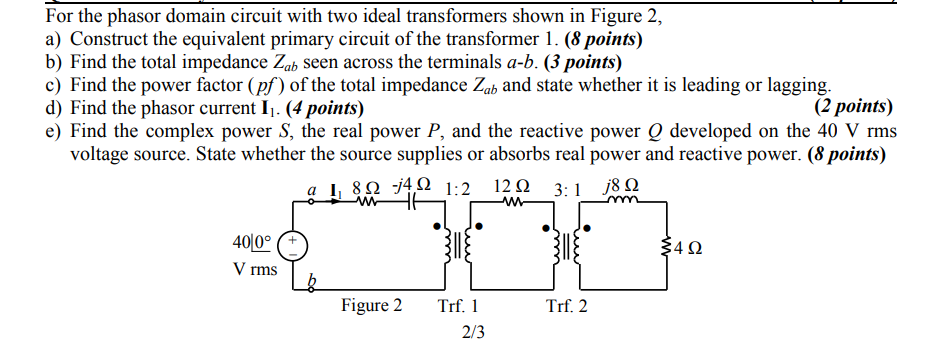 Solved For the phasor domain circuit with two ideal | Chegg.com