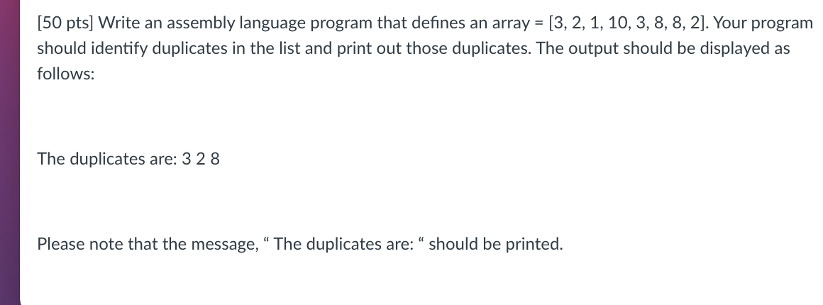 Solved [50 ﻿pts] ﻿Write an assembly language program that | Chegg.com