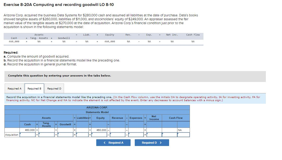 Solved Exercise 8-20A Computing and recording goodwill LO | Chegg.com