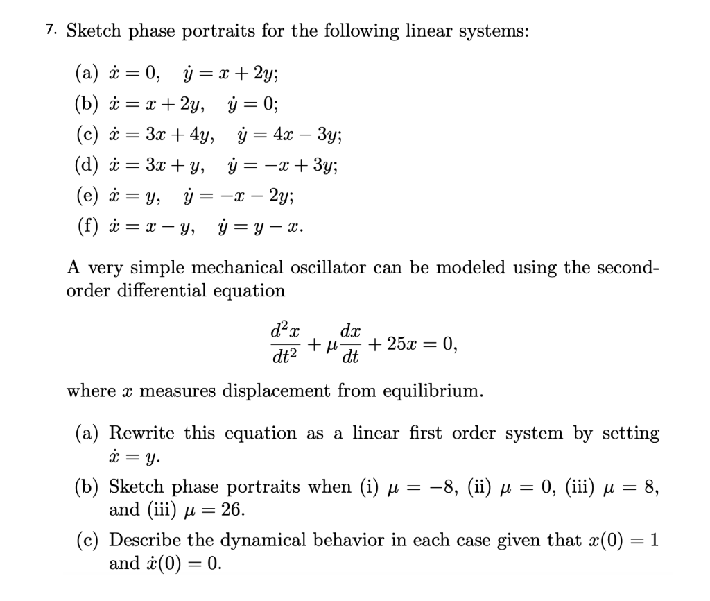 Solved 7. Sketch phase portraits for the following linear | Chegg.com
