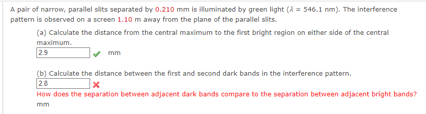 Solved A pair of narrow, parallel slits separated by 0.210 | Chegg.com