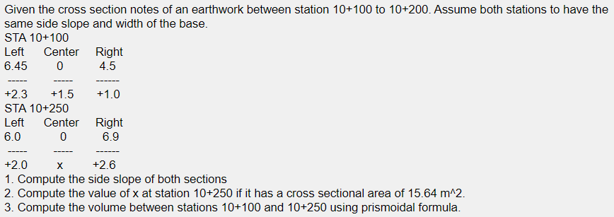 Solved Given the cross section notes of an earthwork between | Chegg.com