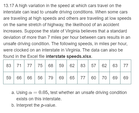 Solved 13.17 A high variation in the speed at which cars | Chegg.com