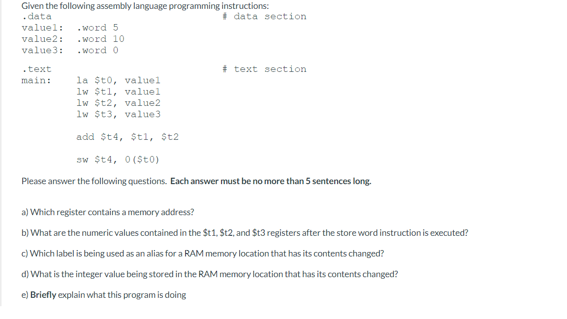 Solved Given The Following Assembly Language Programming 