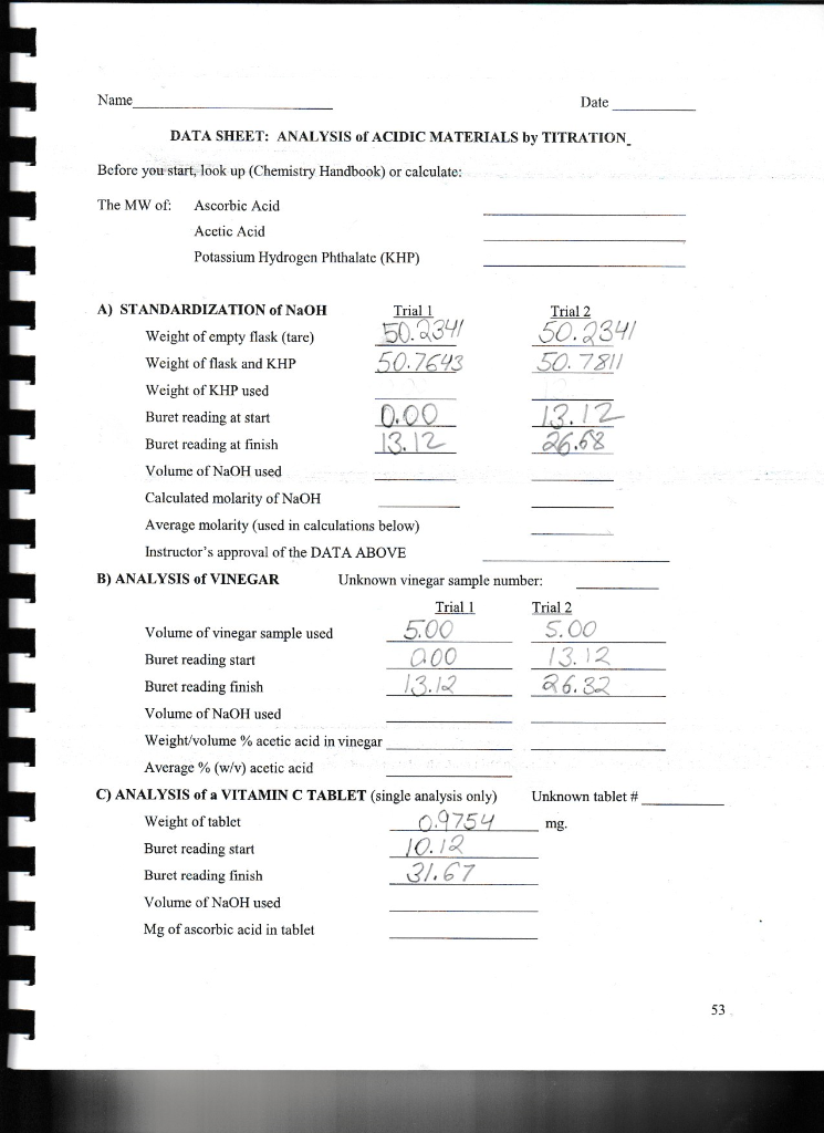 Solved Name Date DATA SHEET: ANALYSIS of ACIDIC MATERIALS by | Chegg.com
