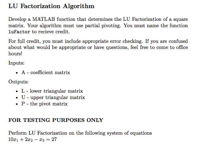 Solved MECH 105: Homework 15 LU Factorization (with Partial | Chegg.com