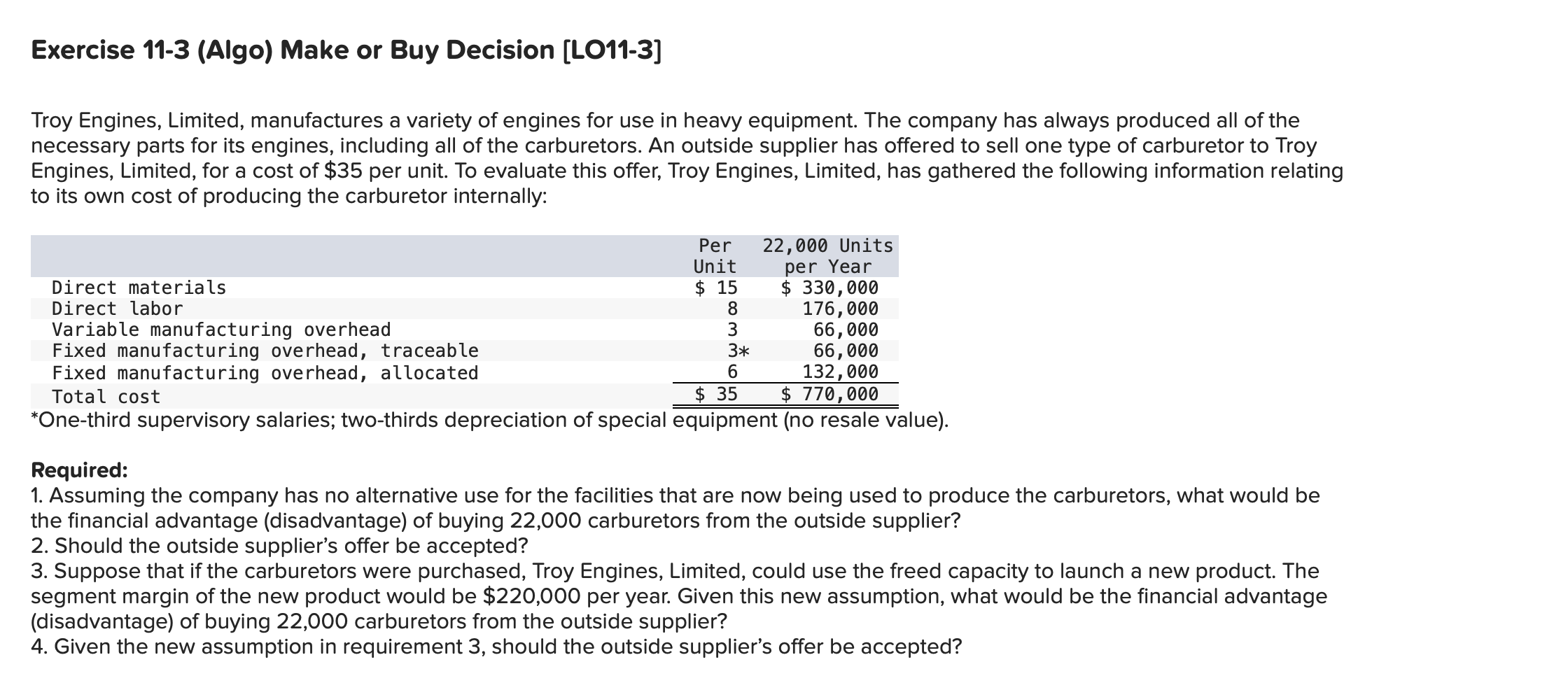 Solved Exercise 11-3 (Algo) Make or Buy Decision [L011-3] | Chegg.com