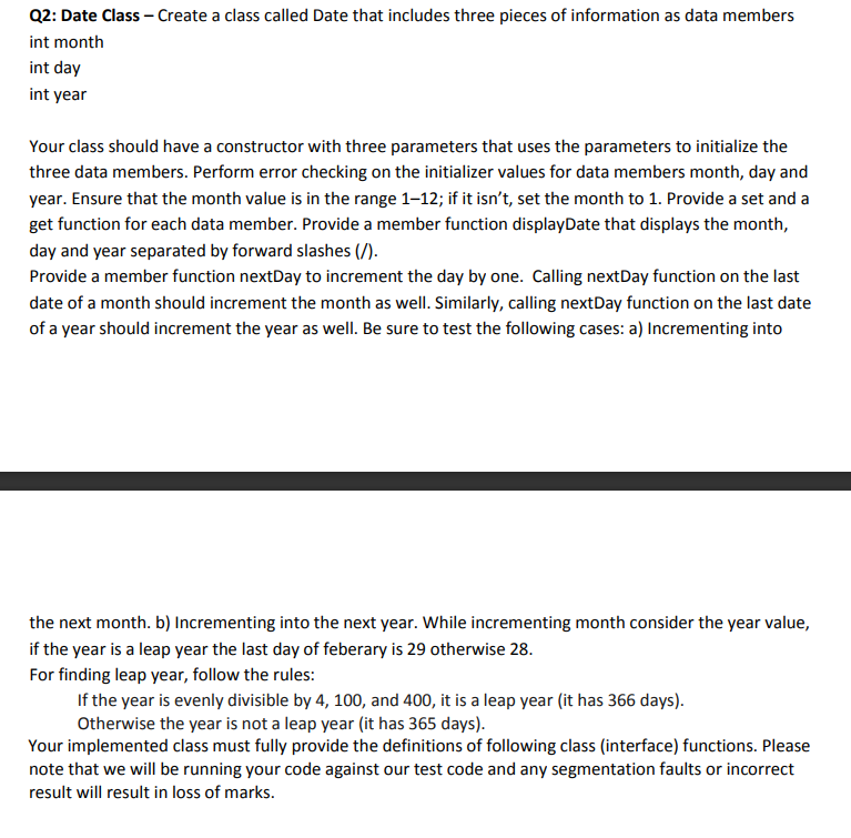 Solved Q2: Date Class - Create a class called Date that | Chegg.com