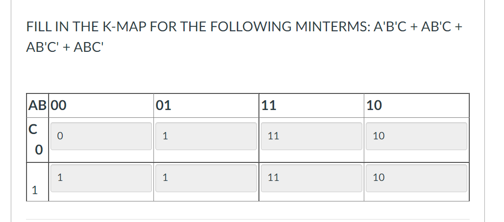 Solved FILL IN THE K-MAP FOR THE FOLLOWING MINTERMS: A'B'C + | Chegg.com