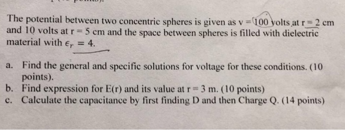 The potential between two concentric spheres is given | Chegg.com