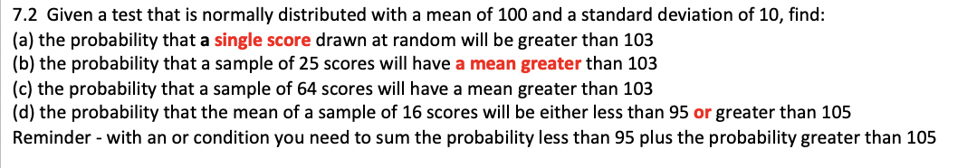 Solved 7.2 Given a test that is normally distributed with a | Chegg.com