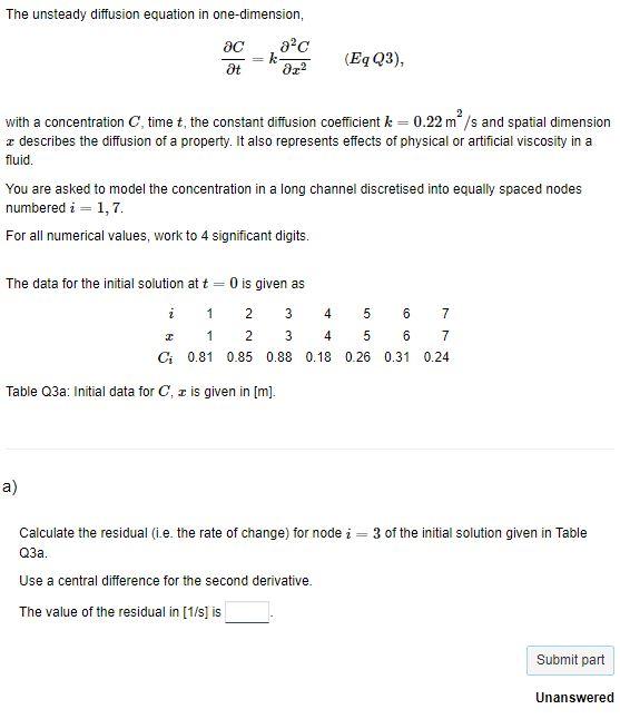 Solved The unsteady diffusion equation in one-dimension, \[ | Chegg.com