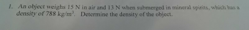 Solved An object weighs 15 N in air and 13 N when submerged | Chegg.com
