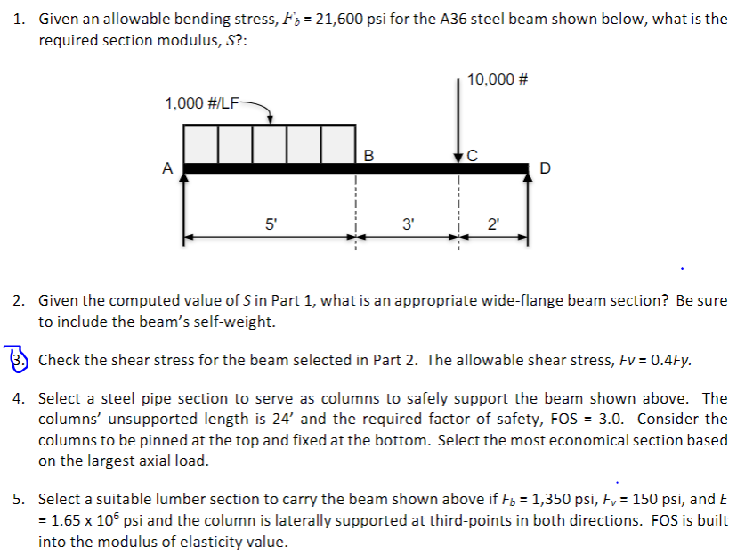 Solved 1. Given an allowable bending stress, Fb 21,600 psi | Chegg.com