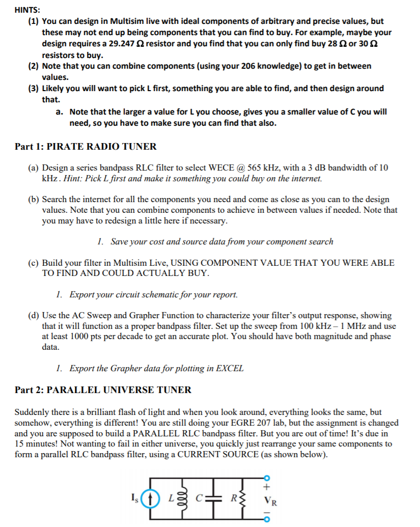 Lab 3 – WECE Pirate Radio Tuner (RLC Filters) | Chegg.com