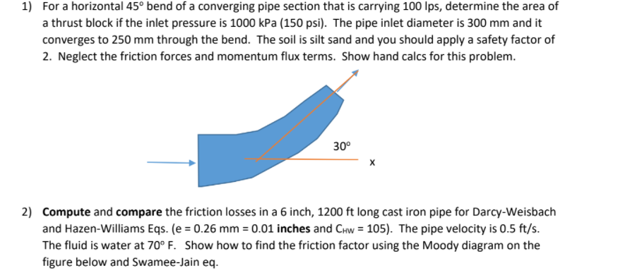 Solved 1) For a horizontal 45° bend of a converging pipe | Chegg.com