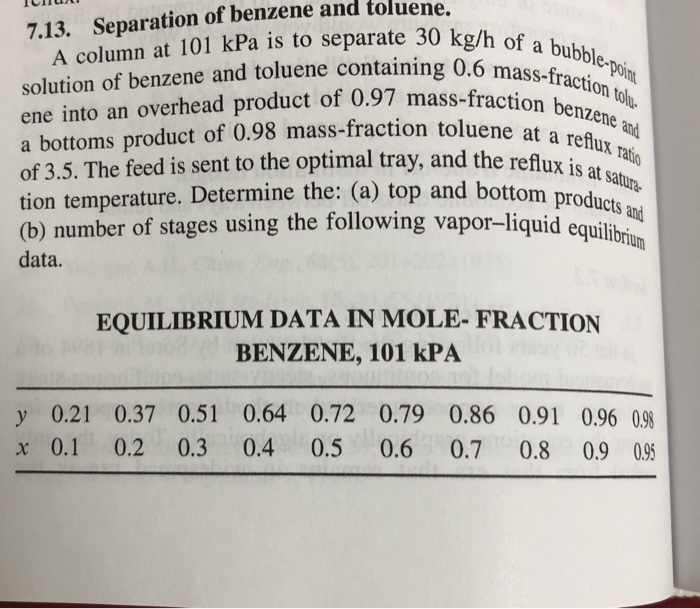 Solved Separation of benzene and toluene. A column at 101 | Chegg.com
