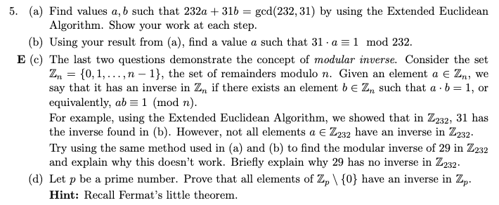 5. (a) Find values a, b such that 232a + 31b = gcd | Chegg.com
