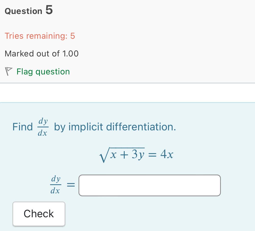 Solved Tries remaining: 5 Marked out of 1.00 Flag question | Chegg.com