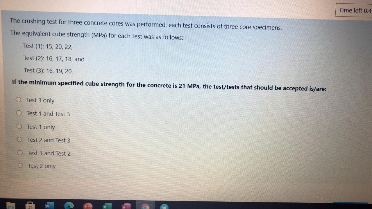 Solved Time left 0:4 The crushing test for three concrete | Chegg.com