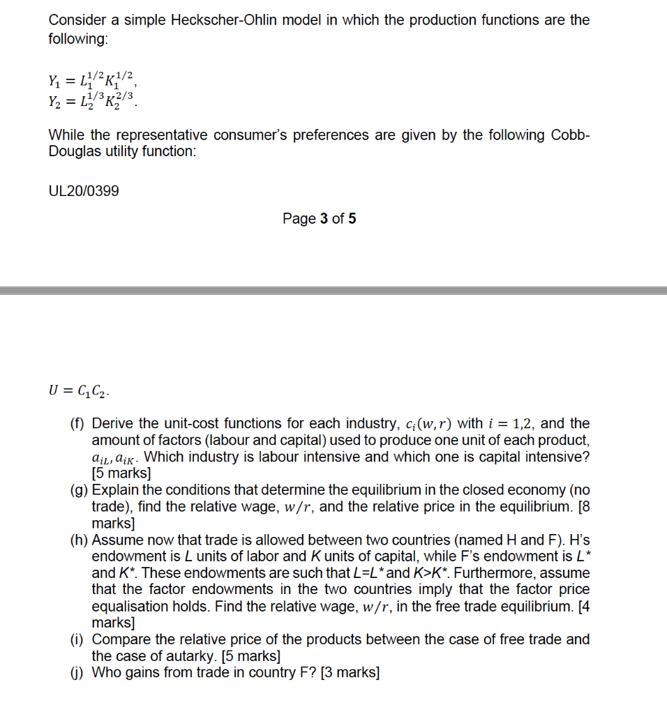 Consider a simple Heckscher-Ohlin model in which the | Chegg.com