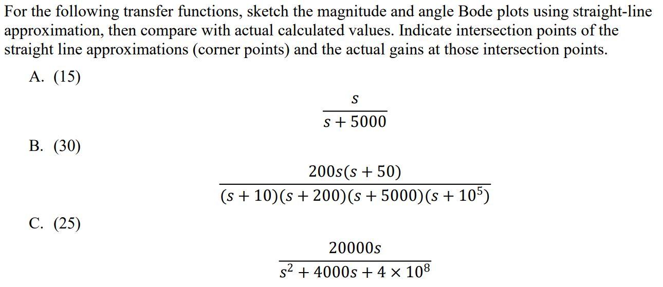 Solved For the following transfer functions, sketch the | Chegg.com