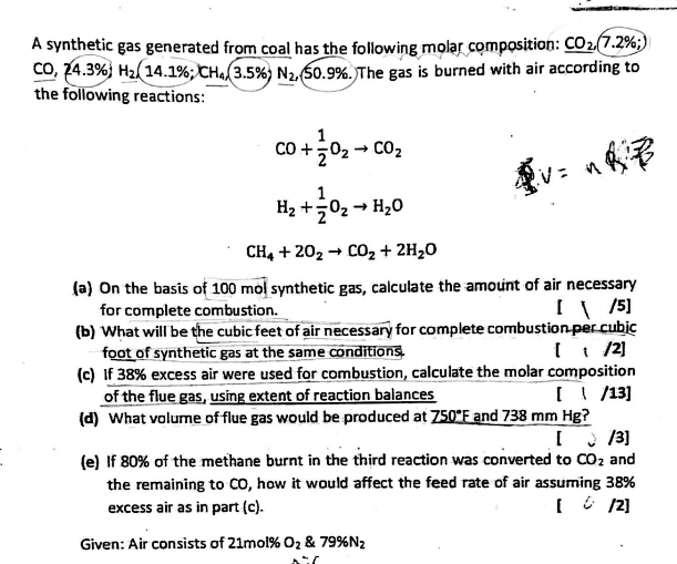 Solved A synthetic gas generated from coal has the following | Chegg.com