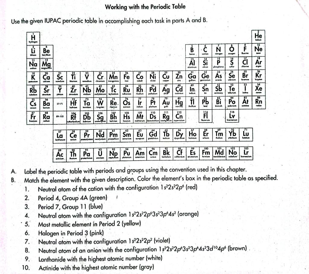 Solved Working with the Periodic Table Use the given IUPAC | Chegg.com