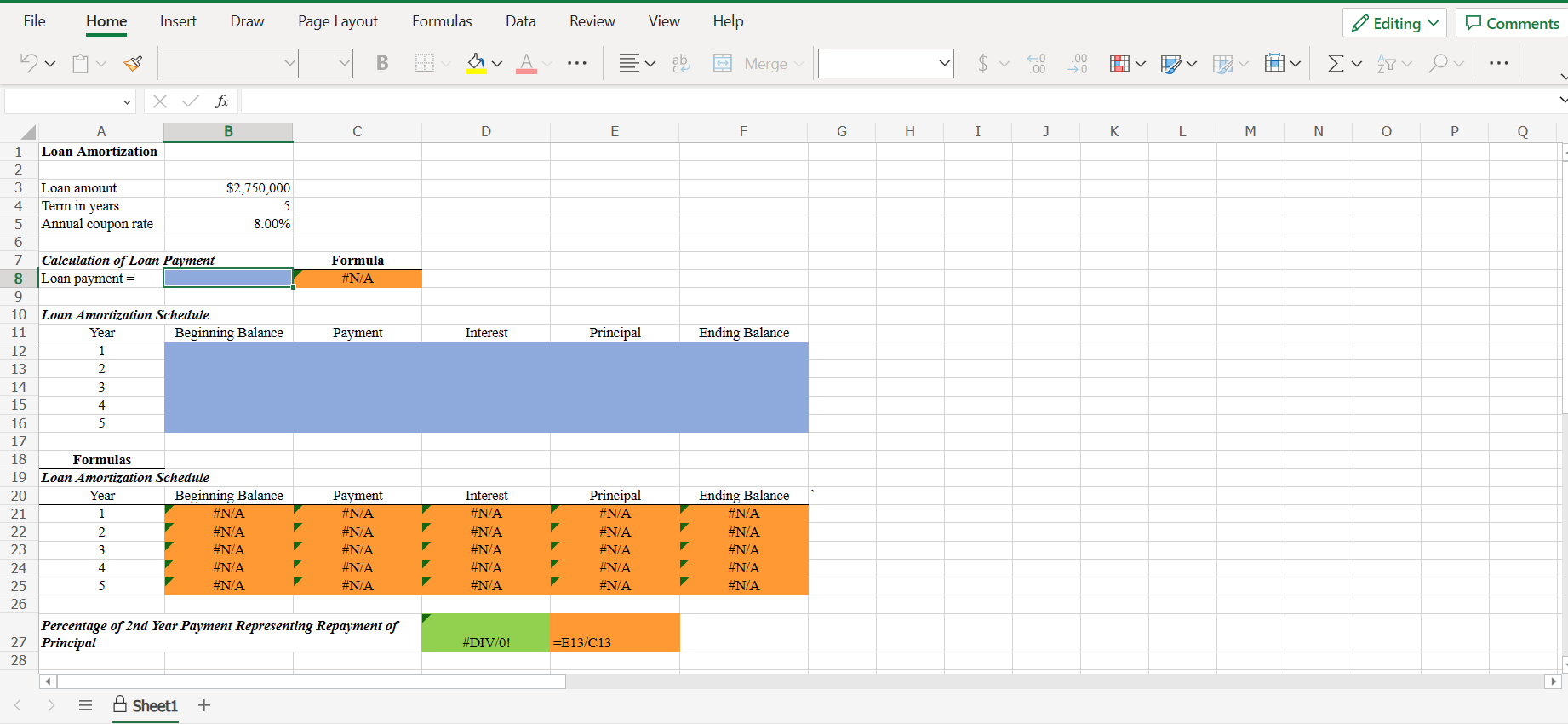Excel Online Structured Activity: Loan Amortization | Chegg.com