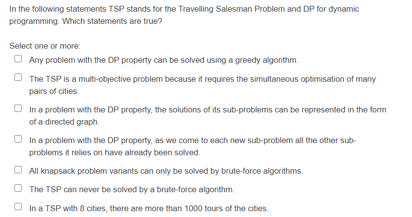 Solved In the following statements TSP stands for the | Chegg.com