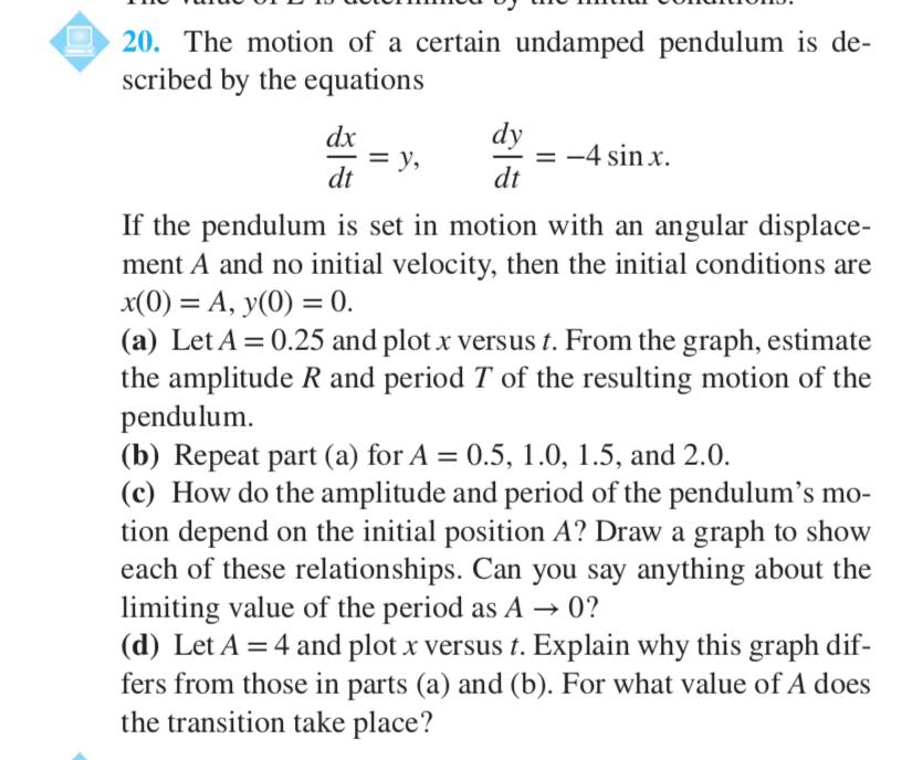 Solved 20. The motion of a certain undamped pendulum is de- | Chegg.com
