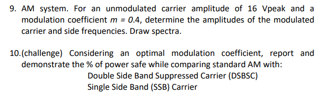 Solved 9. AM system. For an unmodulated carrier amplitude of | Chegg.com