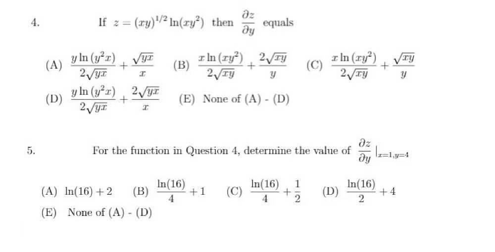 Solved 4. If 2 = (ry)"/2 In(ry?) then อะ ду equals ry (A) + | Chegg.com