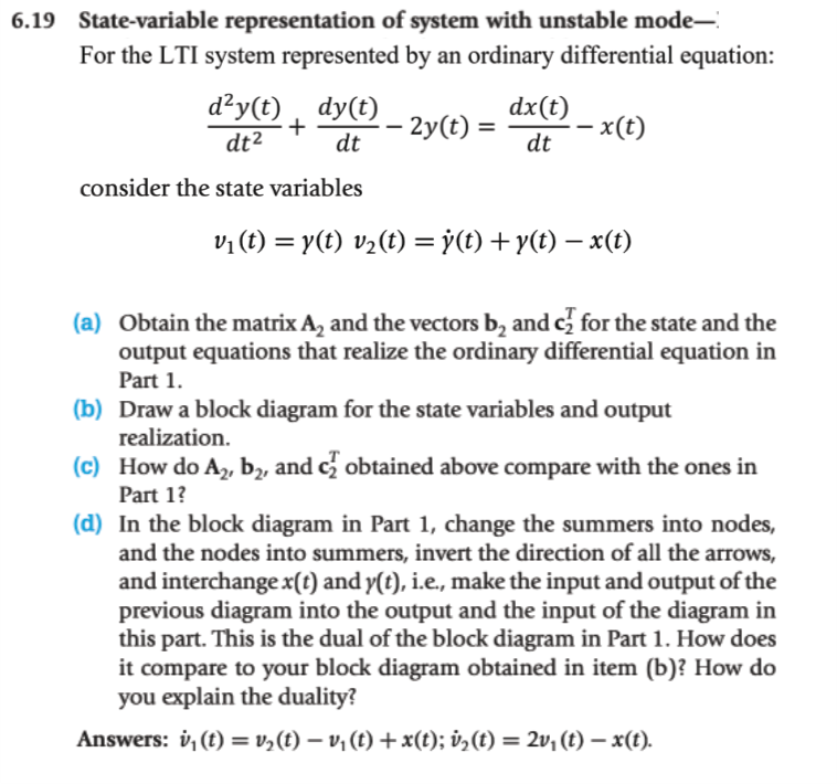 6.19 State-variable representation of system with | Chegg.com