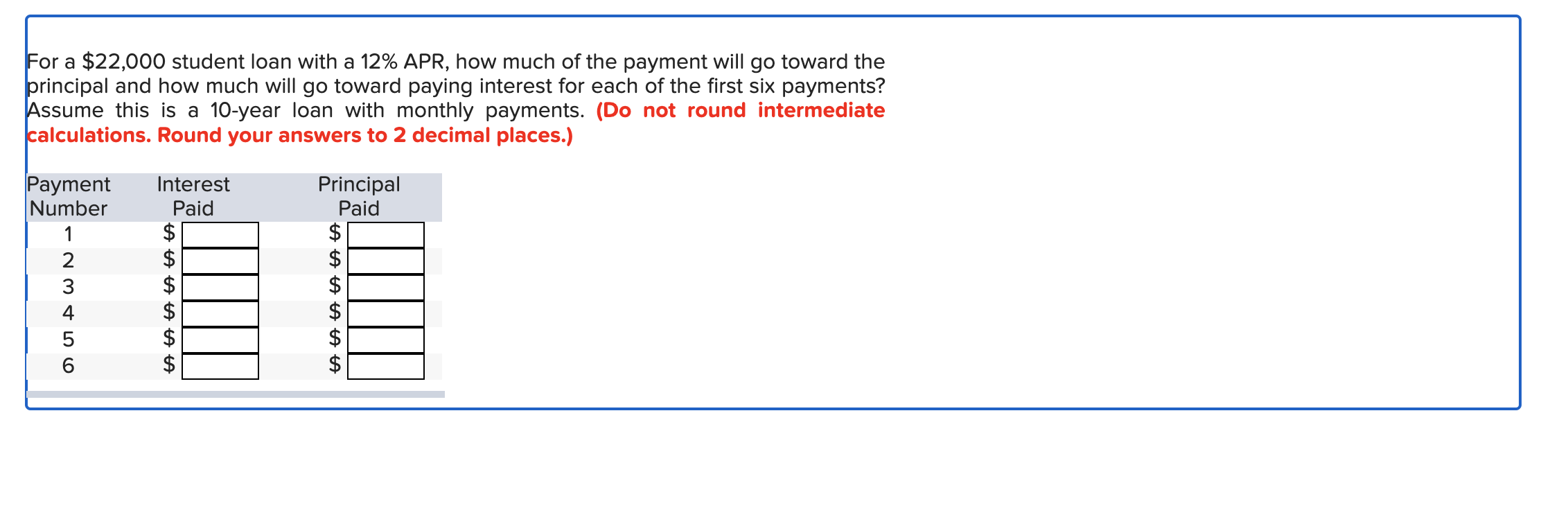 Solved For a $22,000 student loan with a 12% APR, how much | Chegg.com