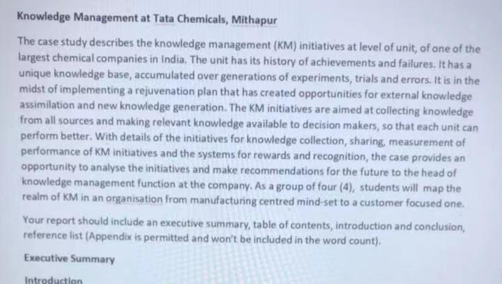 Solved Knowledge Management at Tata Chemicals, Mithapur The | Chegg.com