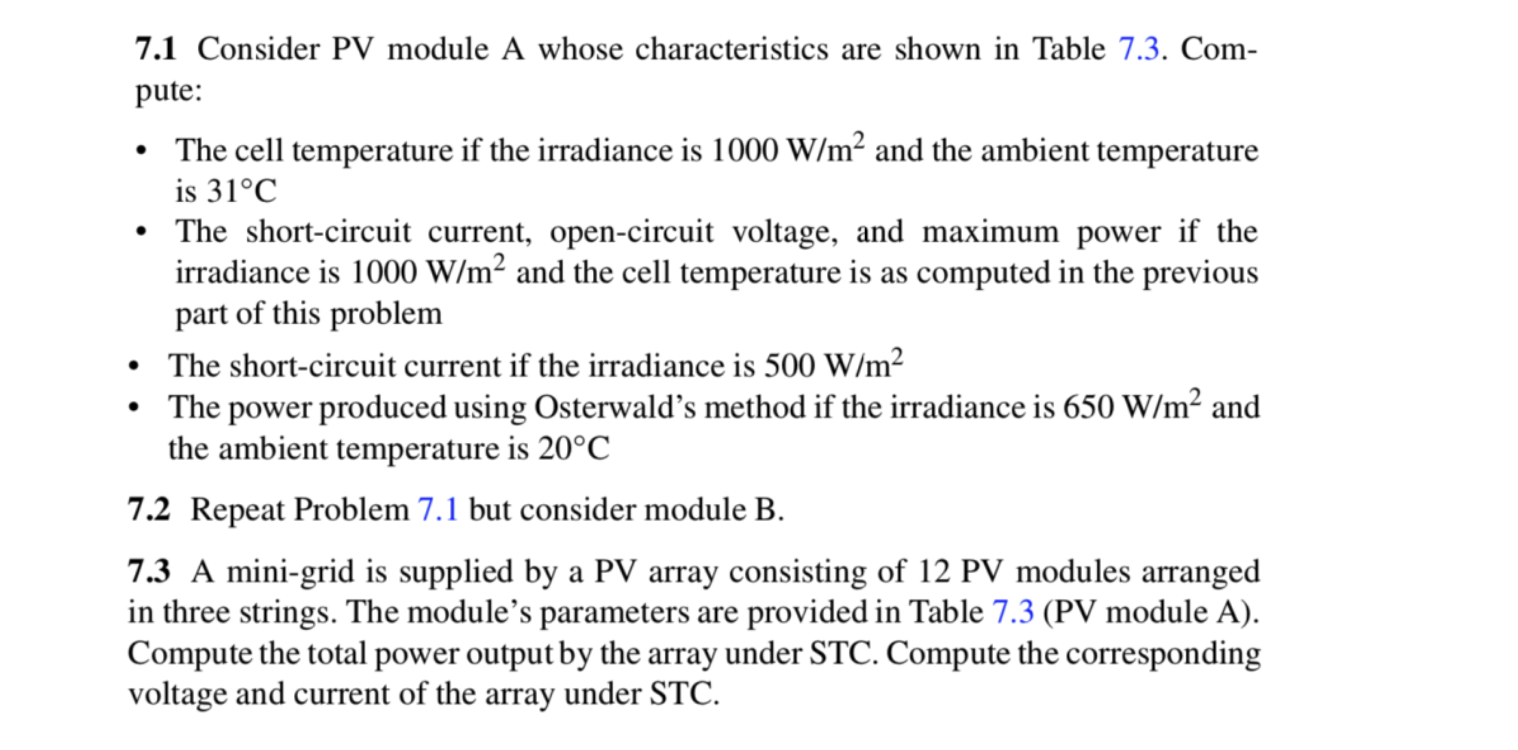 Solved 7.1 Consider PV module A whose characteristics are | Chegg.com