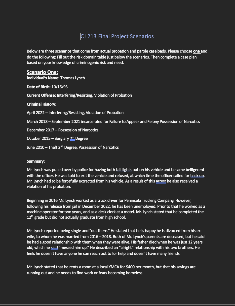 CJ 213 Final Project Scenarios Below are three | Chegg.com