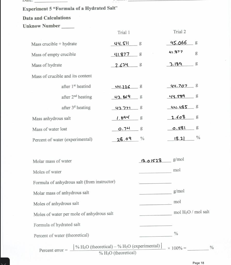 Experiment 5 "Formula of a Hydrated Salt" Data and | Chegg.com
