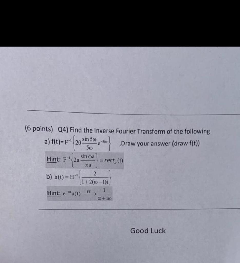 Solved (6 points) Q4) Find the Inverse Fourier Transform of | Chegg.com