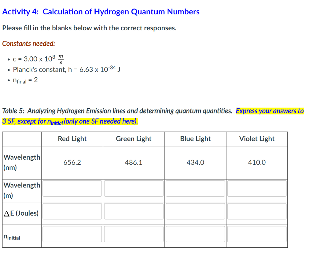 Solved Activity 4: Calculation of Hydrogen Quantum Numbers | Chegg.com