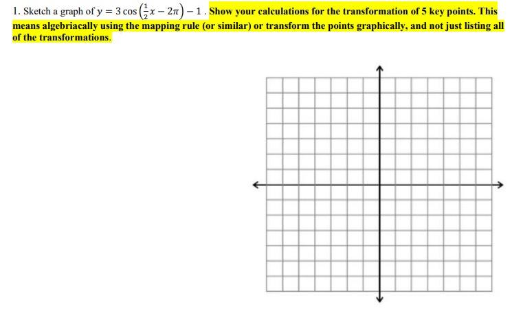 Solved 1. Sketch a graph of y=3cos(21x−2π)−1. Show your | Chegg.com