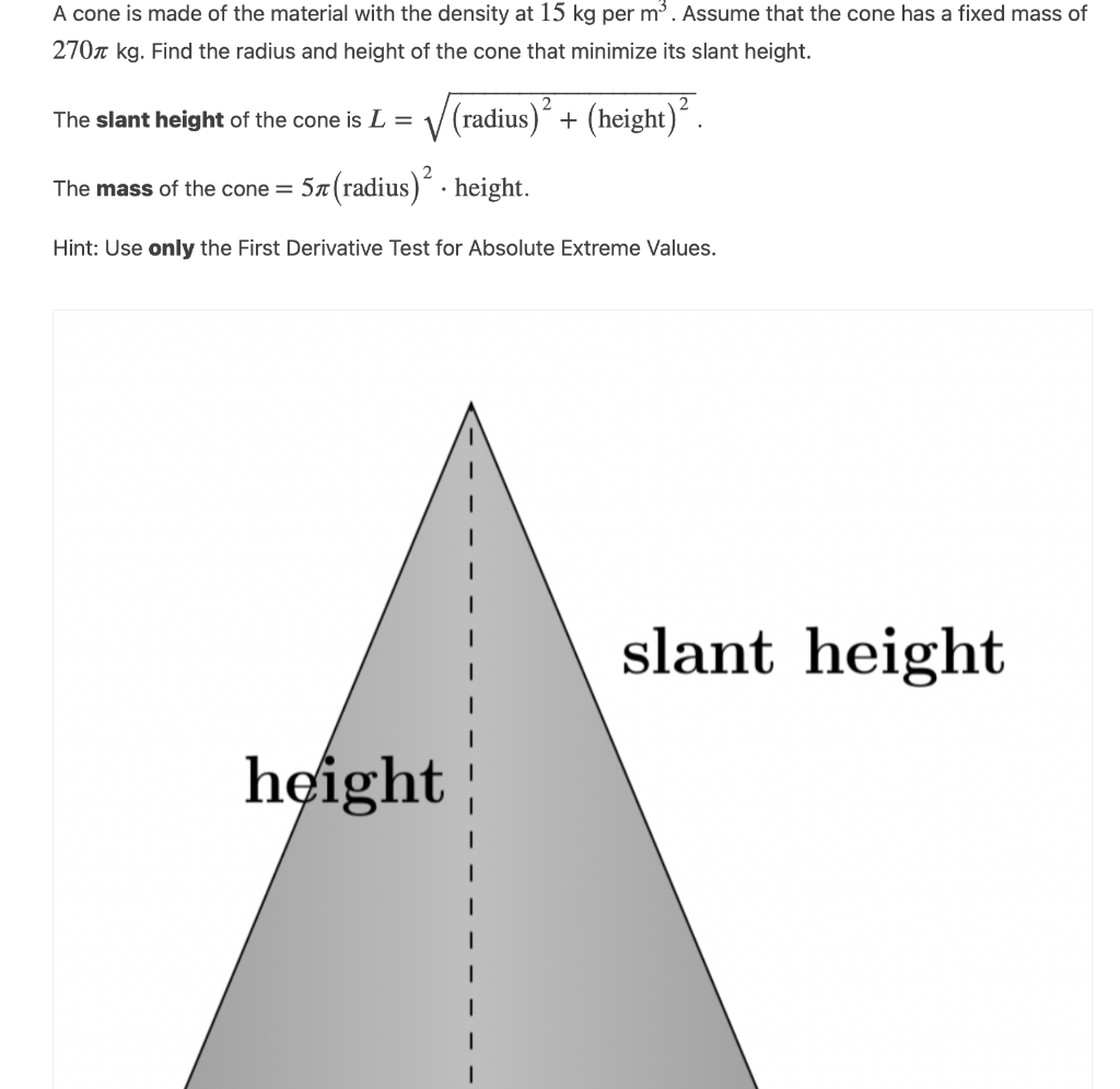 Solved A cone is made of the material with the density at 15 | Chegg.com