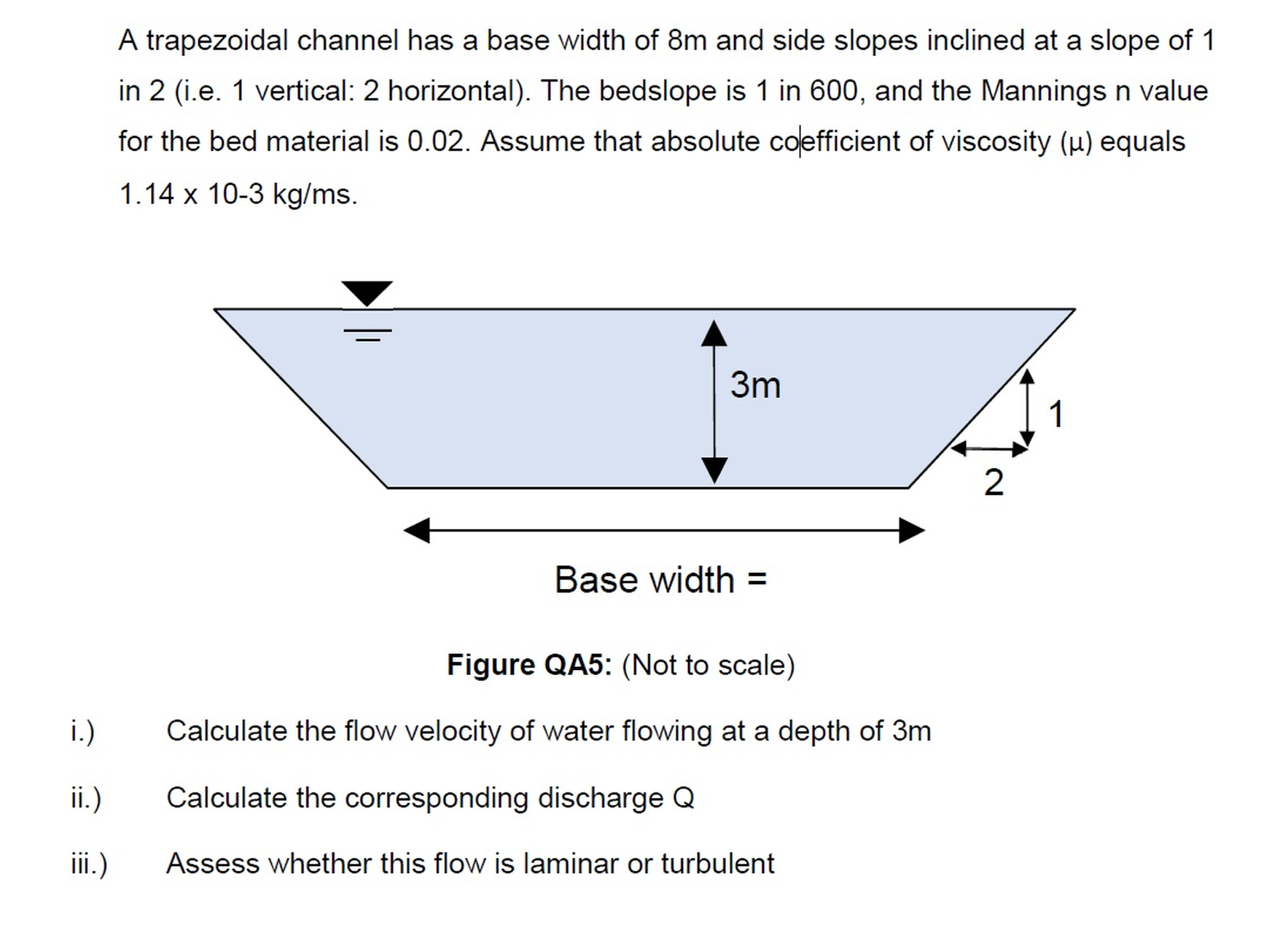 Solved A trapezoidal channel has a base width of 8 m and | Chegg.com