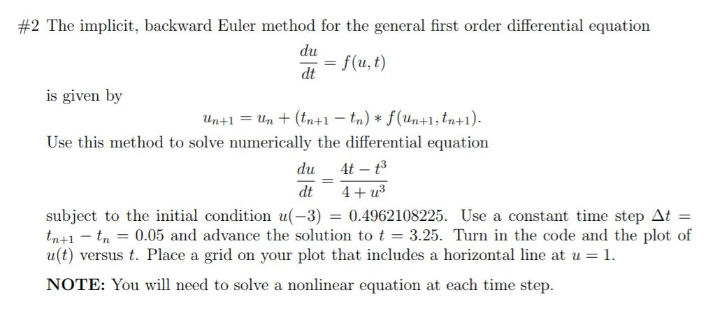 Solved #2 The implicit, backward Euler method for the | Chegg.com
